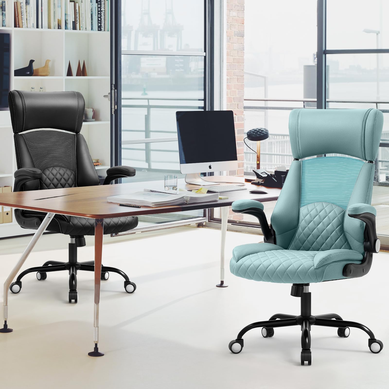 SEATZONE Home Office Desk Chairs with Wide Headrest, Rolling Desk Chair with Wheels and Flip-up Armrest, Computer Chairs Adjustable Backward Tilt, Teal Leathaire