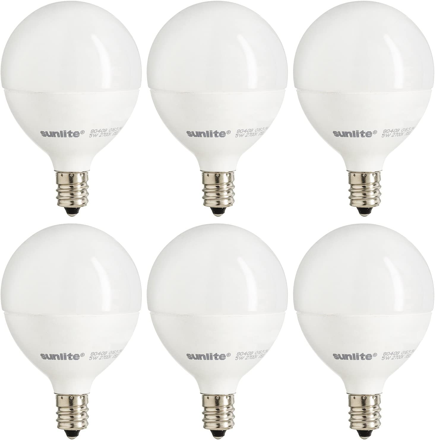 Sunlite G16.5 Light Bulb LED, 5W (40W Equiv.), 350 Lumens, Dimmable, Type G Globe Shape E12 Candelabra Base, Short Bulbs, Vanity Mirror Bulbs, Energy Star Listed, 2700K Soft White, Frosted, 6 Count