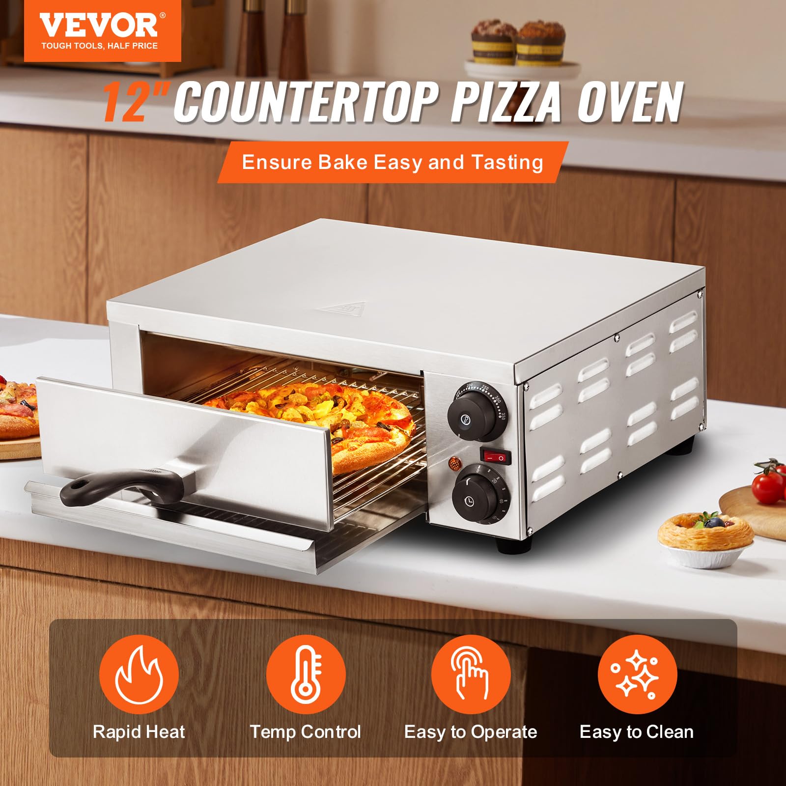 VEVOR Commercial Pizza Oven Countertop, 16" Single Deck Layer, Stainless Steel Electric Pizza Oven with Stone and Handle, Multipurpose Indoor Pizza Maker for Restaurant Home Pretzels Baked