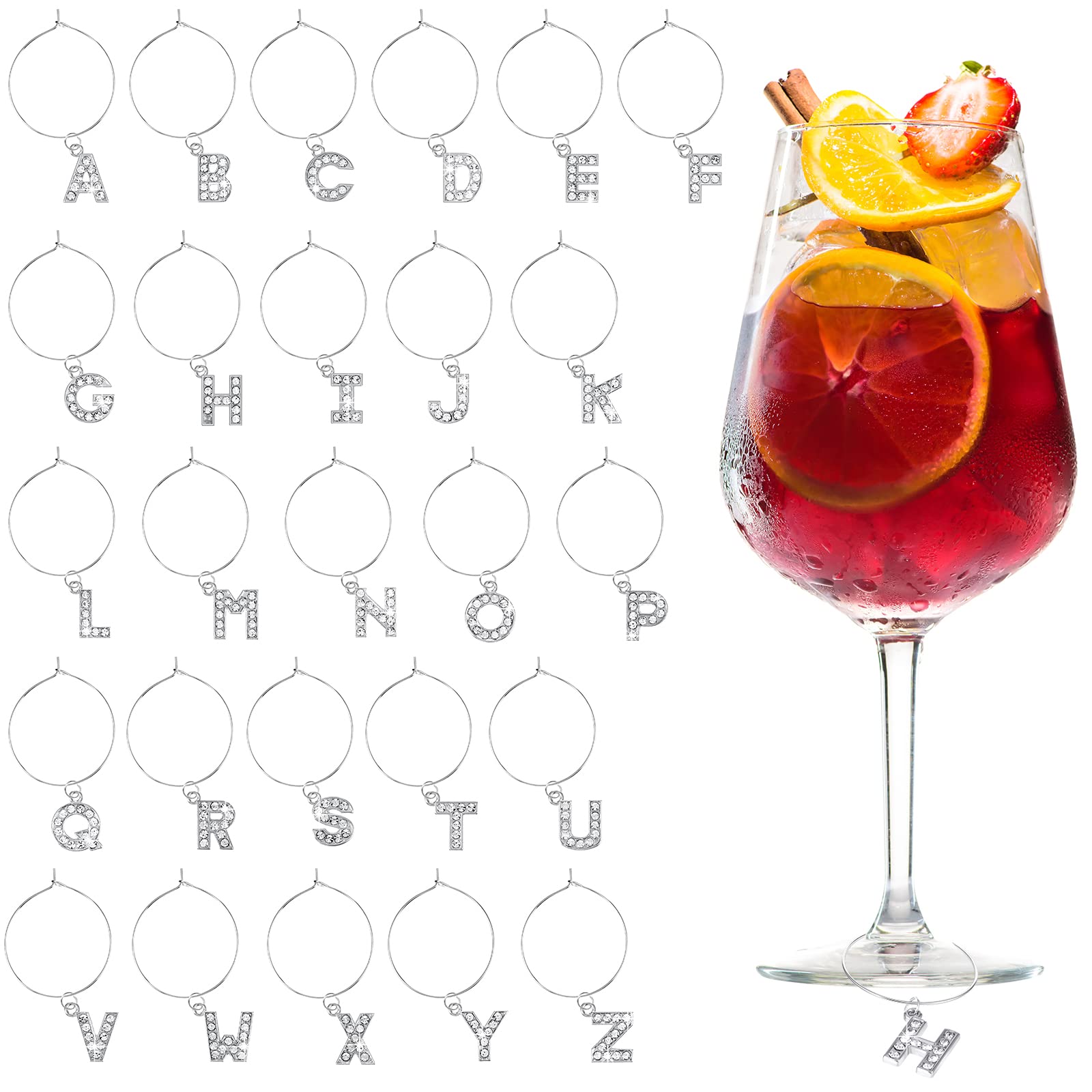 Junkin 26 Pcs Letters Wine Charms for Stem Glasses Wine Glass Charms Markers Tags Metal Letters Glass Charms with 26 Rings for Bachelorette Cocktail Champagne Family Gathering Party Favor Decoration
