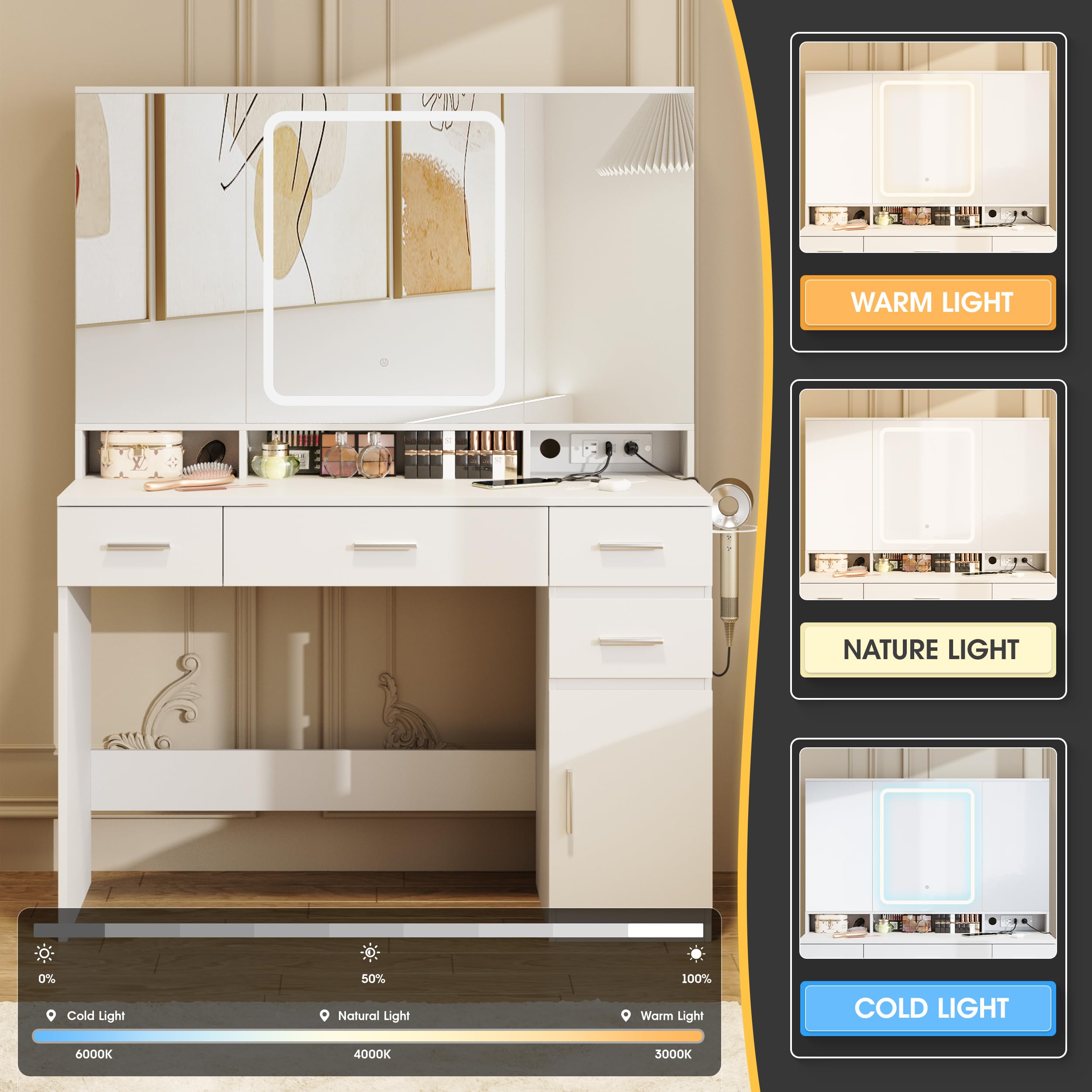 Vabches White Vanity Desk, Makeup Vanity Desk with Mirror and Lights, Vanity Table with Large Storage Drawers and Charging Stations, Sliding Jewelry Cabinets, 3 LED Lighting Modes Adjustable