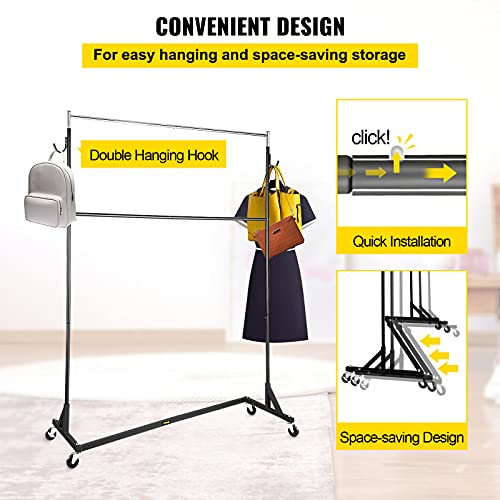 VEVOR Z Rack, 300 lbs Industrial Grade Z Base Garment Rack, 24" x 62" x 85" Height Adjustable Clothes Rack, Heavy Duty Clothing Rack w/ Lockable Casters for Home Store w/ Add-on Hang Rail Black