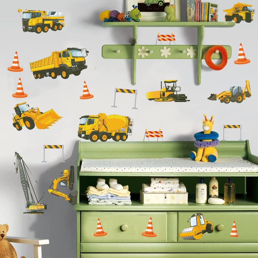 TOARTi Glow in The Dark Construction Wall Stickers, Transport Truck Excavator Tractor Decals,Luminous Vehicle Wall Decal for Kids Boys Room Nursery Decor(4 Sheets, 49 pcs)