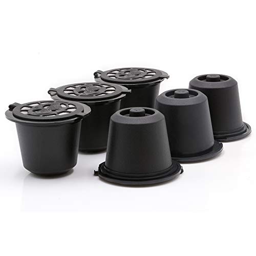 i Cafilas 6 Reusable Capsules Pods Refillable Coffee Capsule Filter Compatible Nespresso coffee machines with Coffee Spoon brush (6, Black)