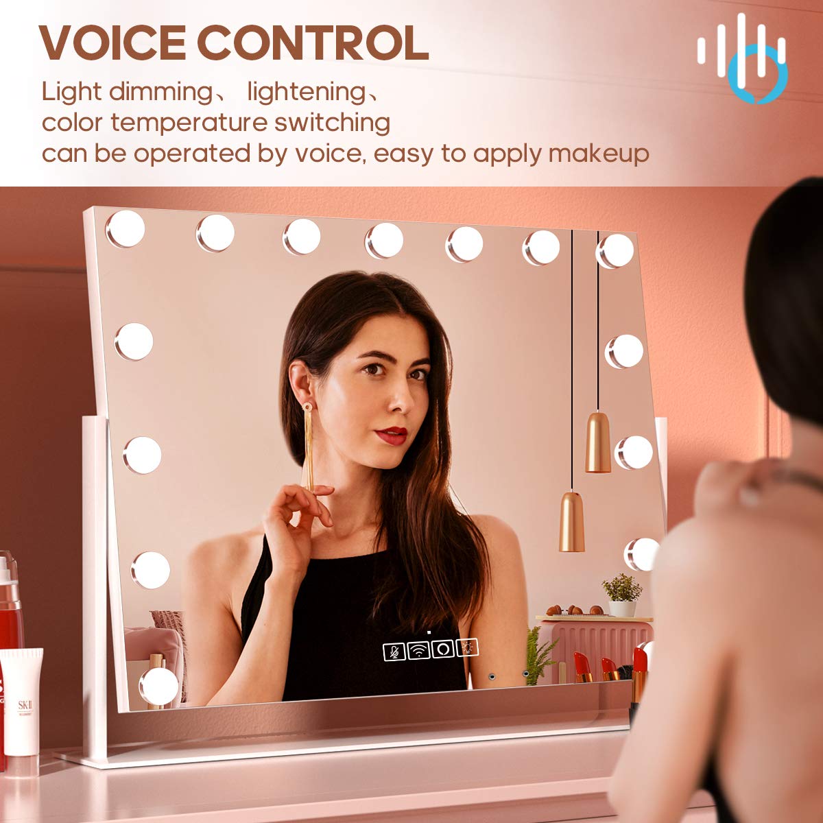 Fenair Makeup Mirror with Lights Voice controls The Bulb's lighting and color,360°Rotation, Vanity Mirror with 15 Dimmable Bulbs