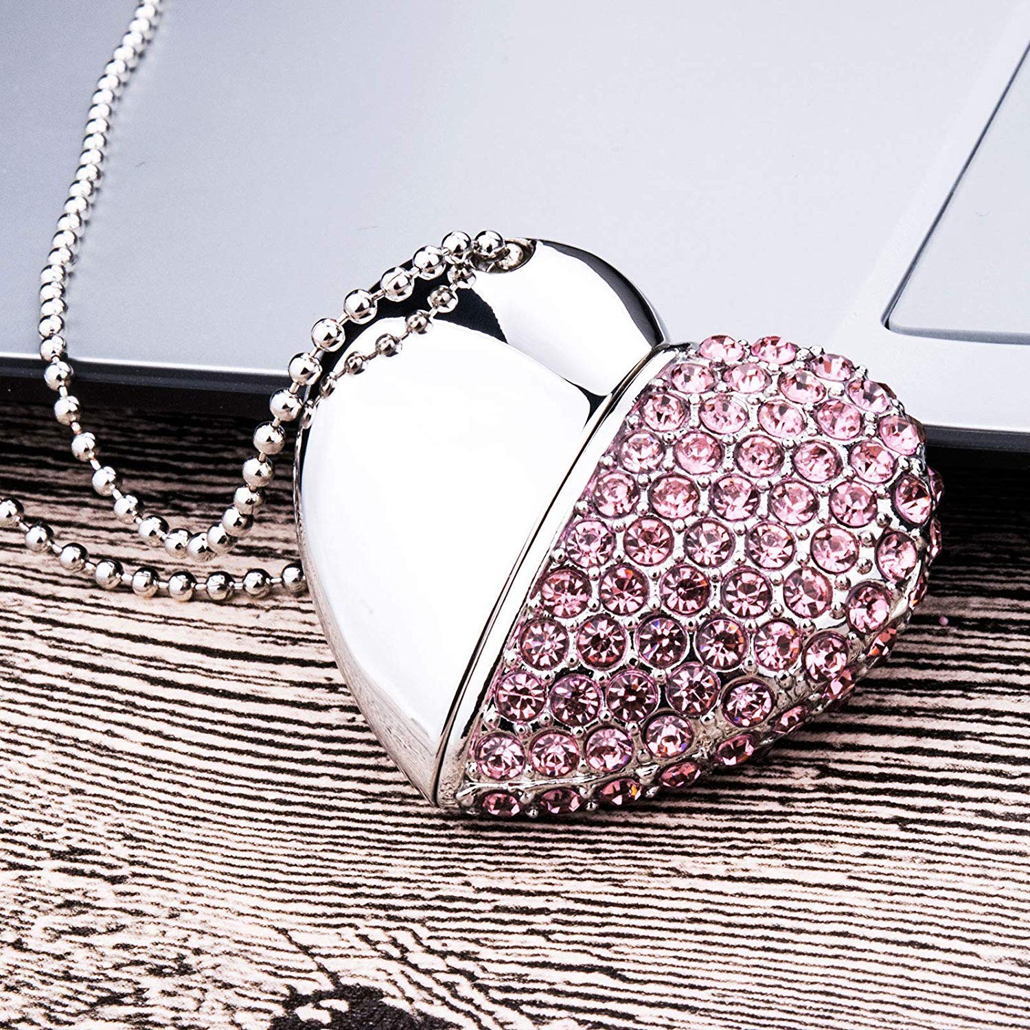 EcooDisk 128GB USB 3.0 Flash Drive Diamond Heart Shape Zip Drive Jewelry Necklace Memory Stick Thumb Drive Cute Pen Drive Fun USB Stick Data Storage