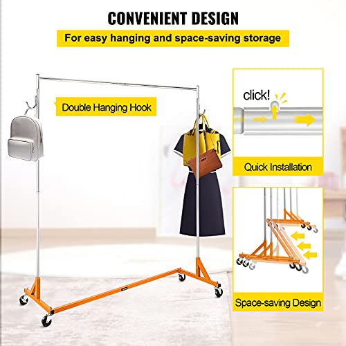 VEVOR Z Rack, 300 lbs Industrial Grade Z Base Garment Rack, 24" x 63" x 71" Height Adjustable Clothes Rack, Sturdy Steel Heavy Duty Clothing Rack w/ Lockable Casters for Home Garment Store Orange
