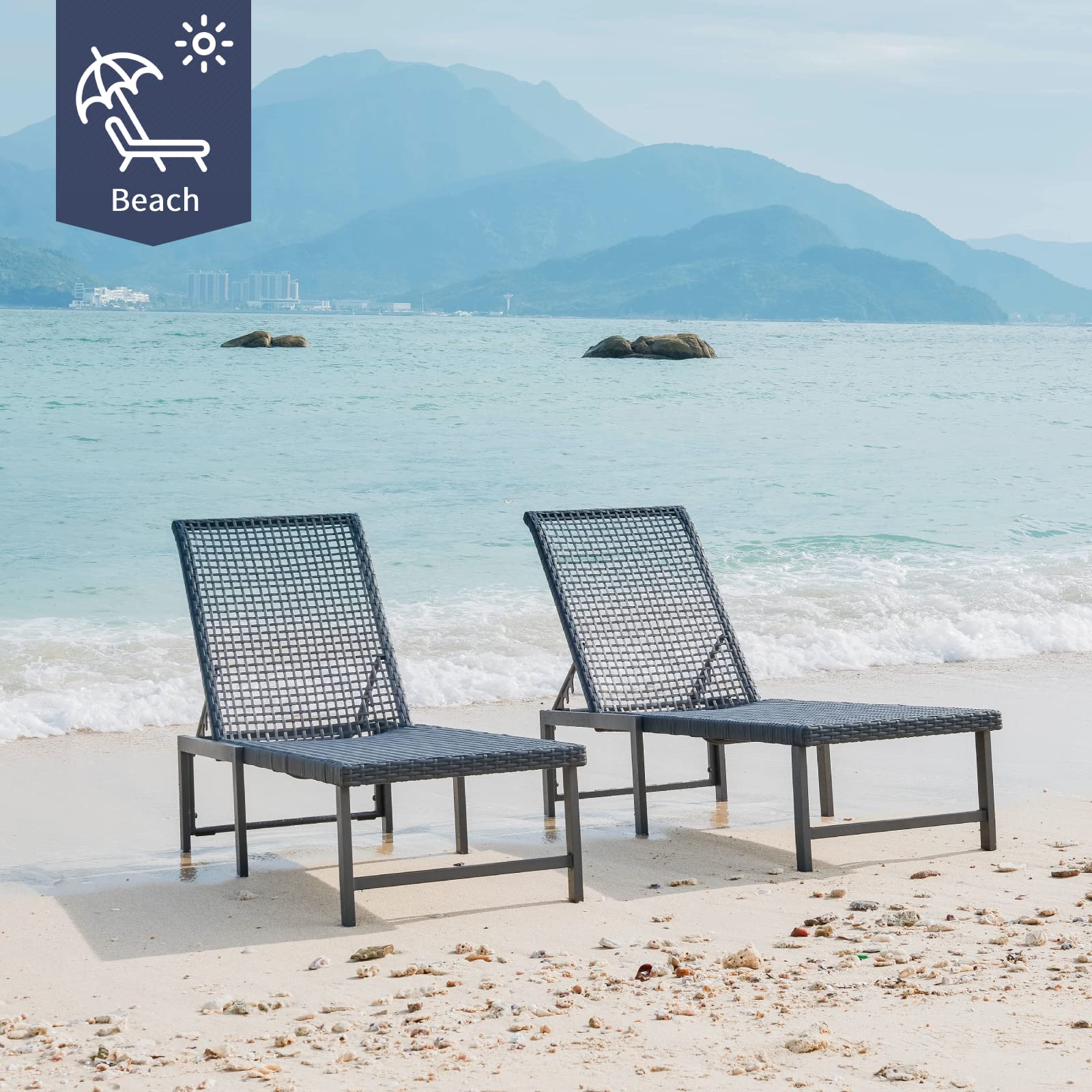 Outdoor Chaise Lounge Chair Set of 2, Rattan Pool Chairs with Adjustable Backrest, Rustproof Aluminum Frame Tanning Chair, for Poolside, Backyard, Lawn, Deck(Dark Grey)