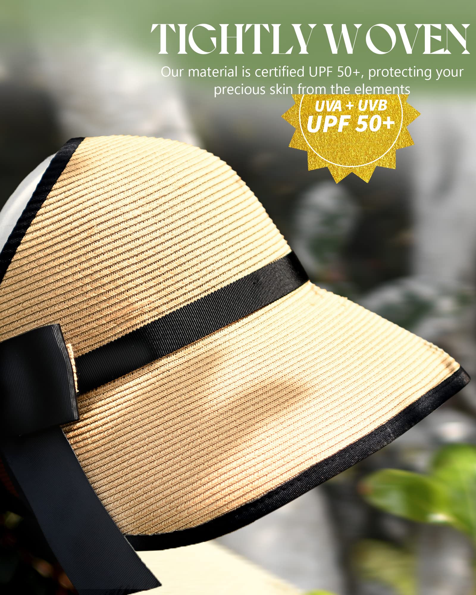 FURTALK Beach Hats for Women Foldable Packable Wide Brim Sun Visor Hat with Ponytail Hole UPF50+ Cap for Travel Khaki