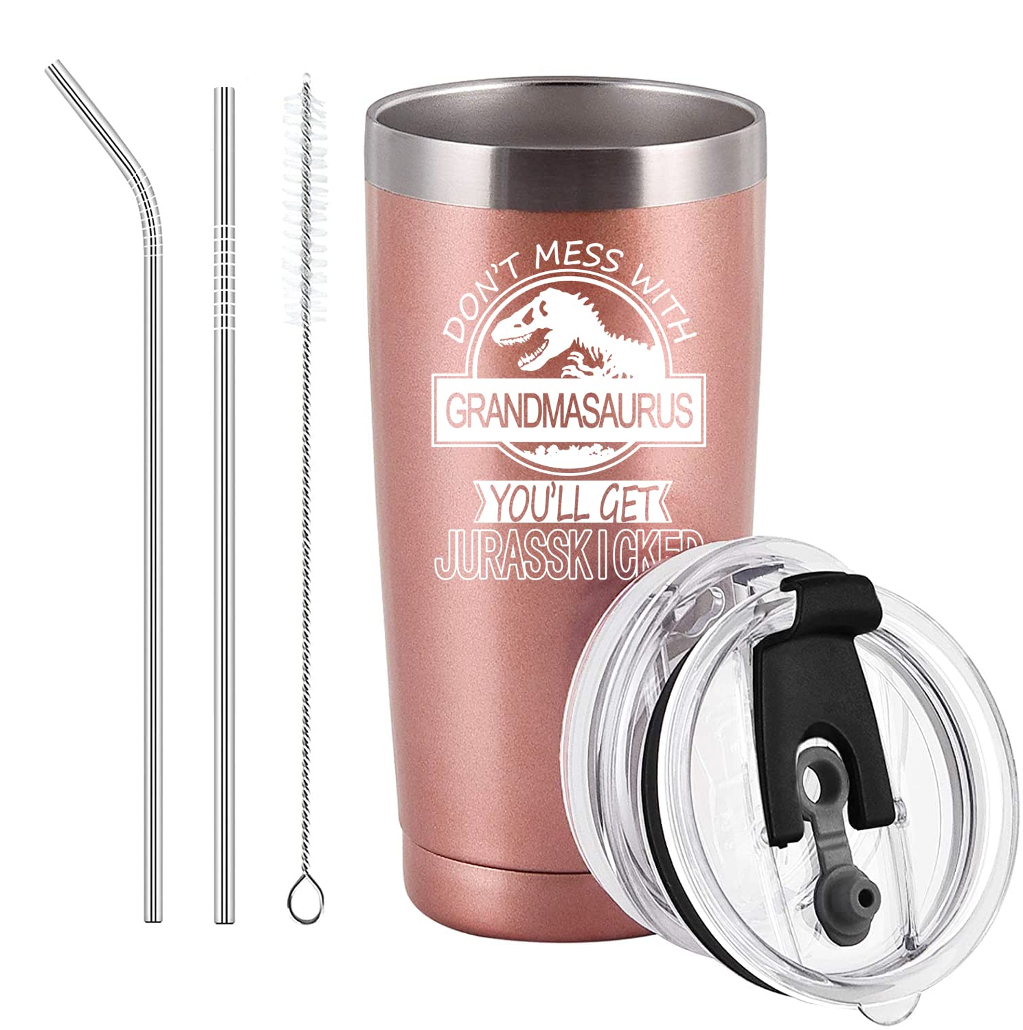 Grandmasaurus Tumbler Don't Mess with Grandmasaurus You'll Get Jurasskicked Travel Tumbler Birthday Mothers Day Gifts for Grandma from Granddaughter Grandson Grandkids with 2 Lids and Straws 20OZ