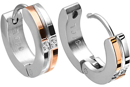FILANGO surgical steel 316L hoop earrings with ROSEGOLD-COLORED STRIPS + 2 CRYSTALS