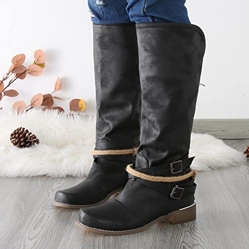 FASDNENDYS Socks Womens Mid Calf Womens Shoes Square Toe Belt Buckle Back Zipper Chunky Heel Wide Calf Womens Boots Black