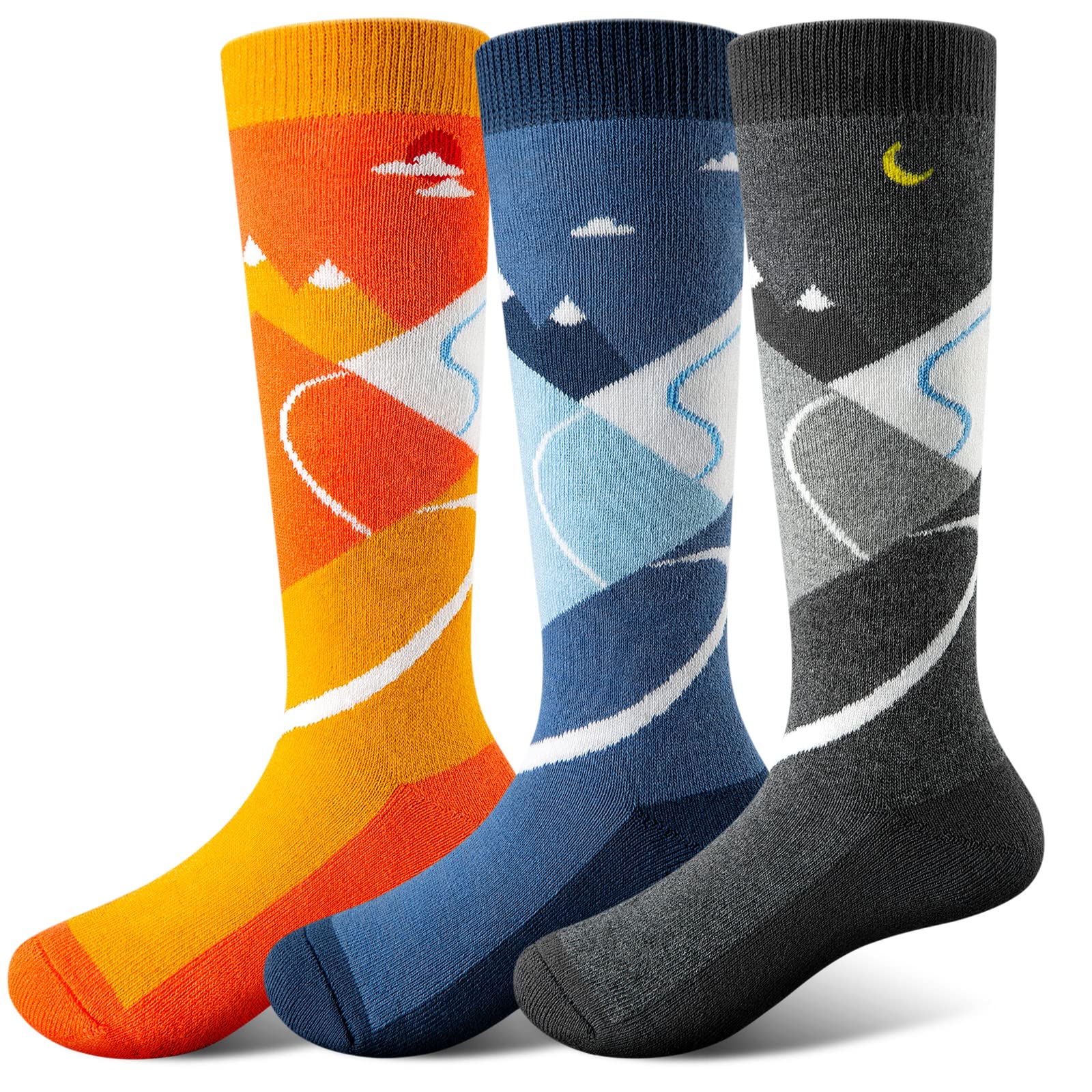 FanNicoo 3 Pack Kids Ski Socks OTC Warm Soft Non-Slip Cuff Winter Skiing Outdoor for Girls Boys(Orange+Gray+Blue), Medium