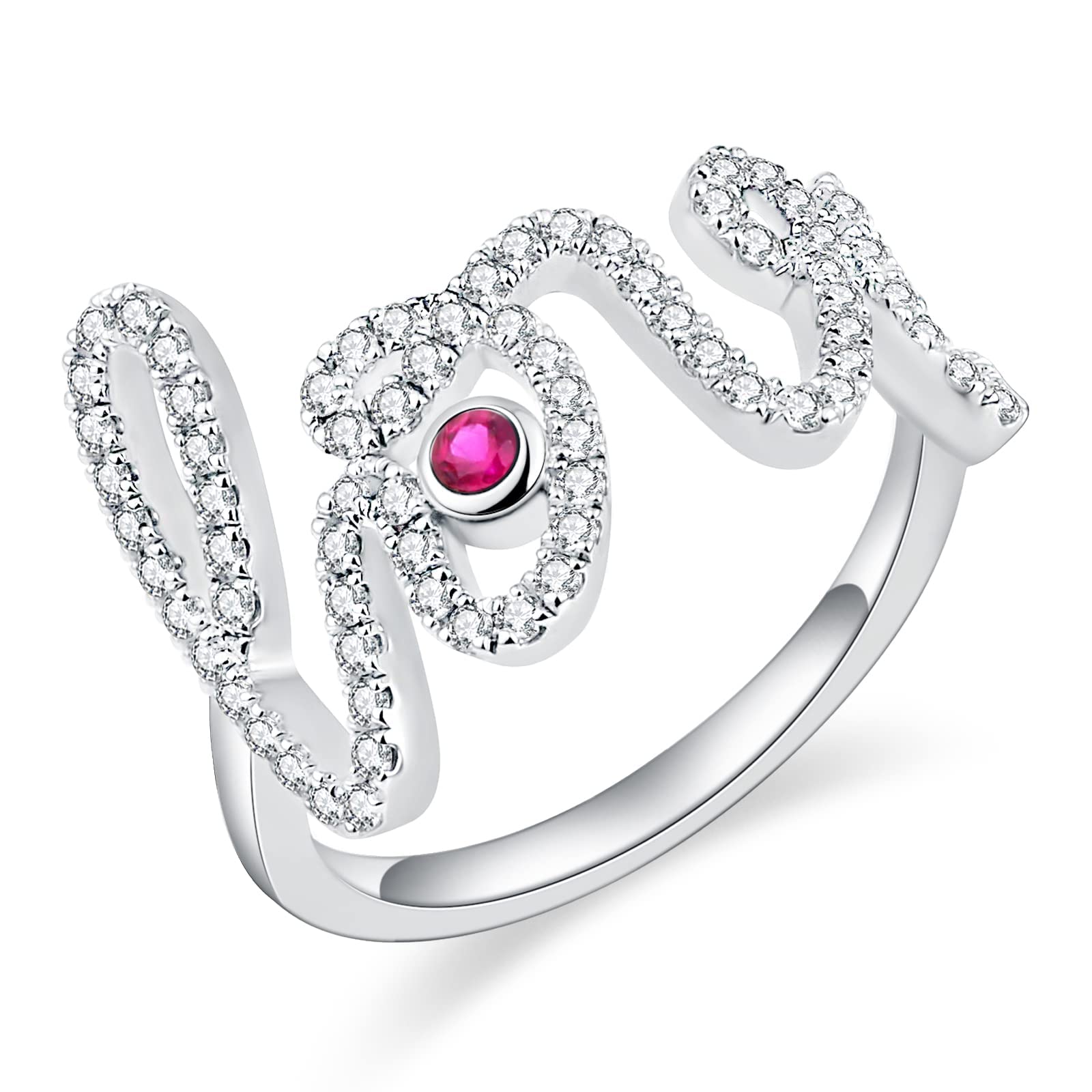 Moissanite Engagement Rings for Women,0.5 ct D Color VVS1 Lab Created Round Diamond Simulated Wedding Band Ruby,925 Sterling Silver Love Script Stackable Ring Thin Band Promise Ring for Her Size(7)