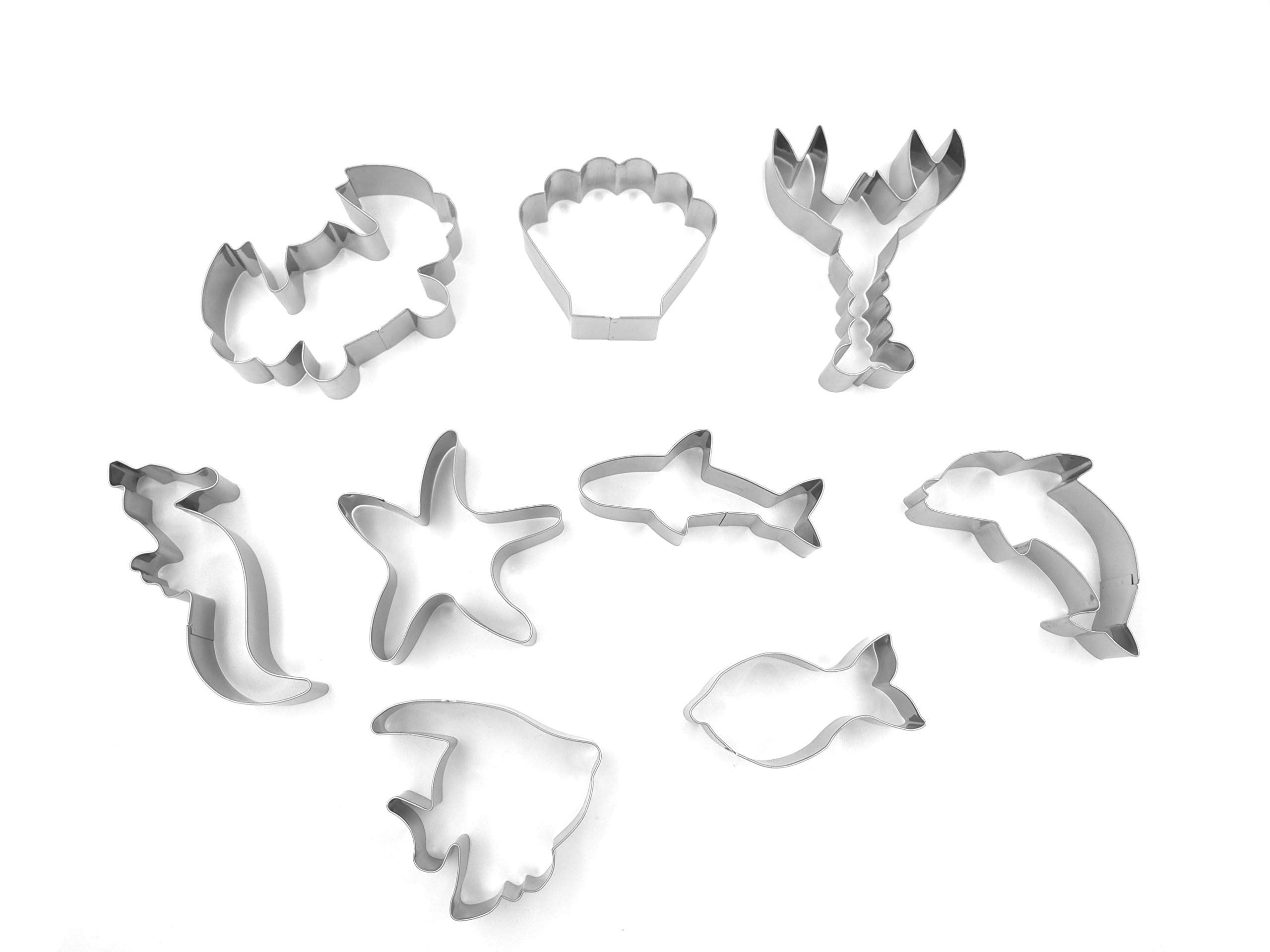 JOKUMO Sea Creatures Cookie Cutters Set – 9PC High Grade 430 Stainless Steel –Fish, Dolphin, Crab, Starfish, Shark, Sea Horse, Lobster, Angel fish, Shell