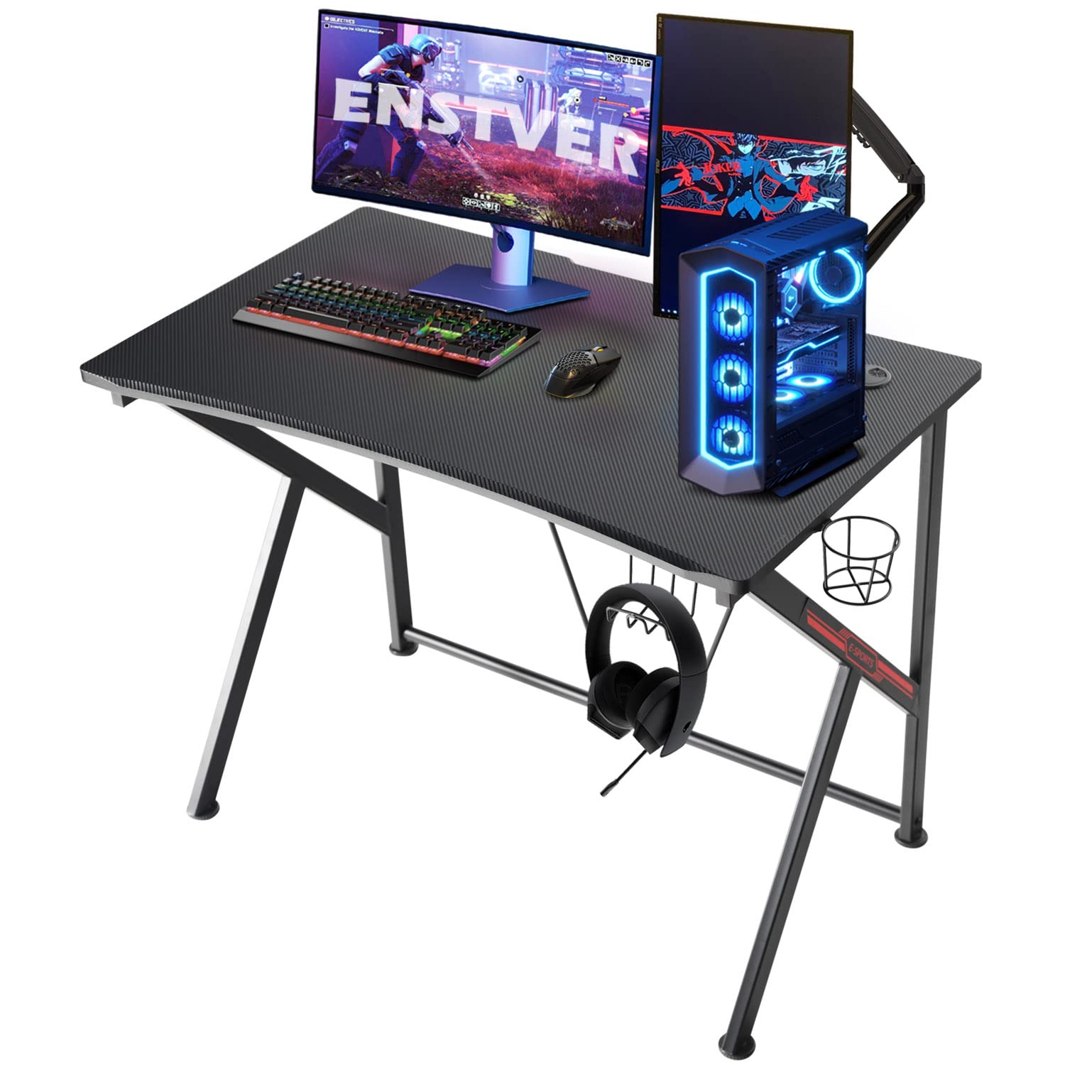 ENSTVER 42 Inch Black/Pink Home Office PC Computer Gaming Desk, K Shaped Gaming Workstation with PVC Surface for Gamer,Writing Desk Table with Cup Holder&Headphone Hook,Black