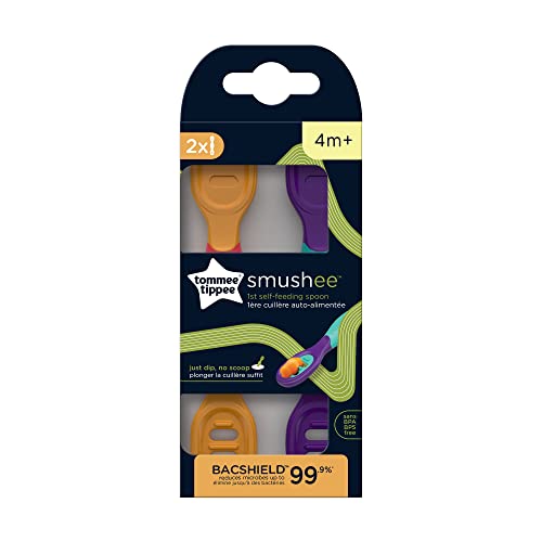 Tommee Tippee Smushee 1st Self Feeding Spoons, BACSHIELD Antimicrobial Technology | Reversible, BPA-Free (4+ Months, 2 Count)