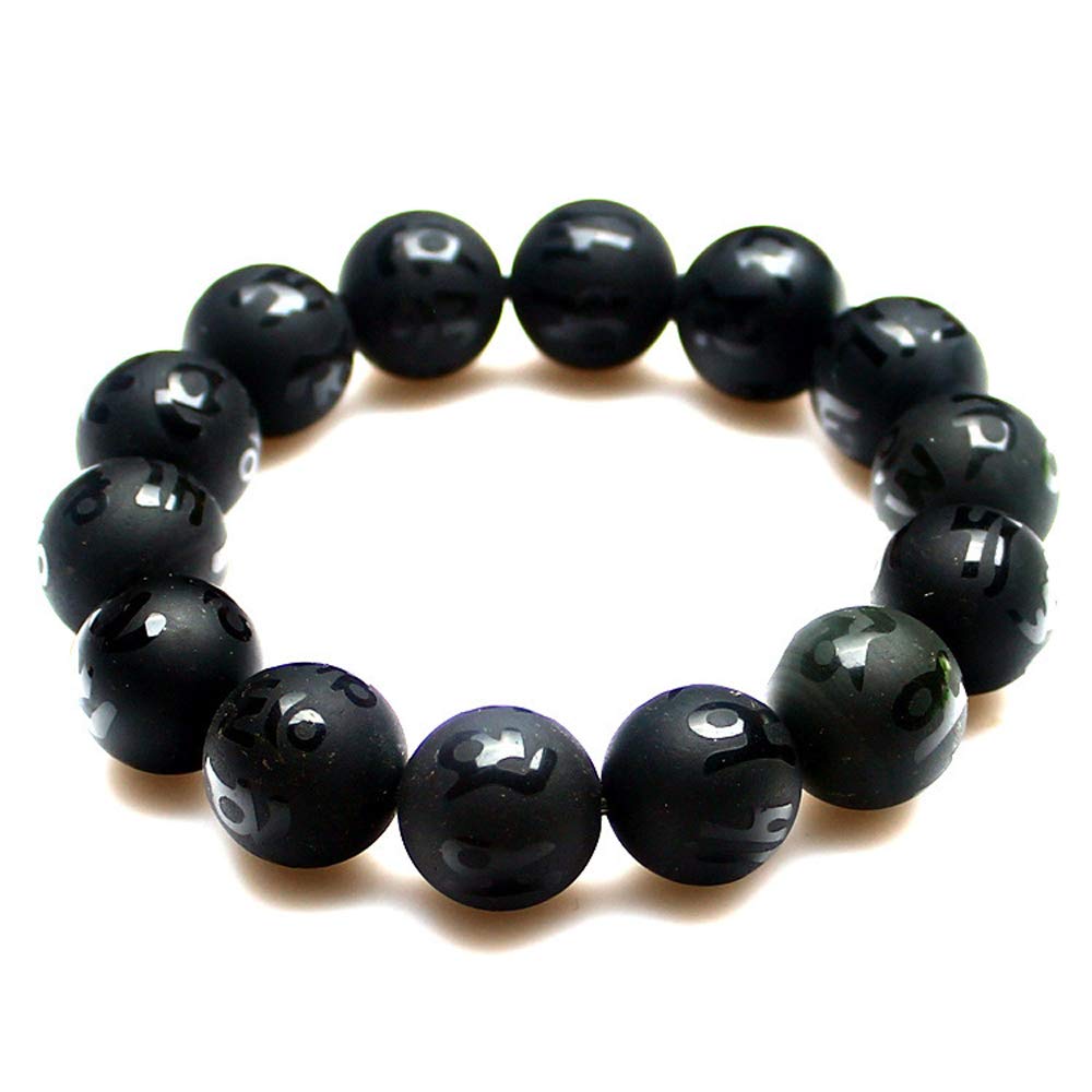 Feng Shui bracelet black obsidian 14mm Matte surface Hand Carved Mantra Bead Attract Good Luck Wealth and Prosperity Men Women Bangle