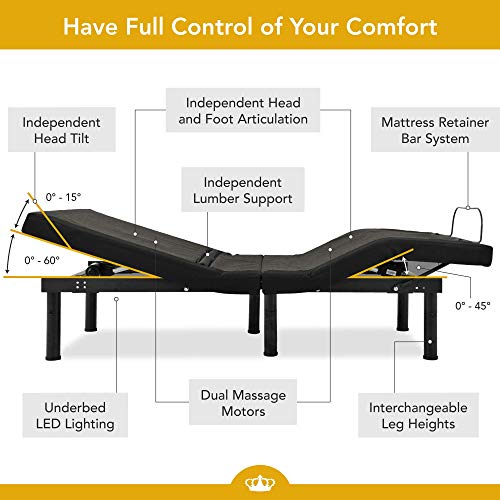 DynastyMattress DM9000F Adjustable Bed-Frame Base, HEADTILT-LUMBAR Split King - Electric Beds Remote Control and Twin XL, Queen, & King Size Bed
