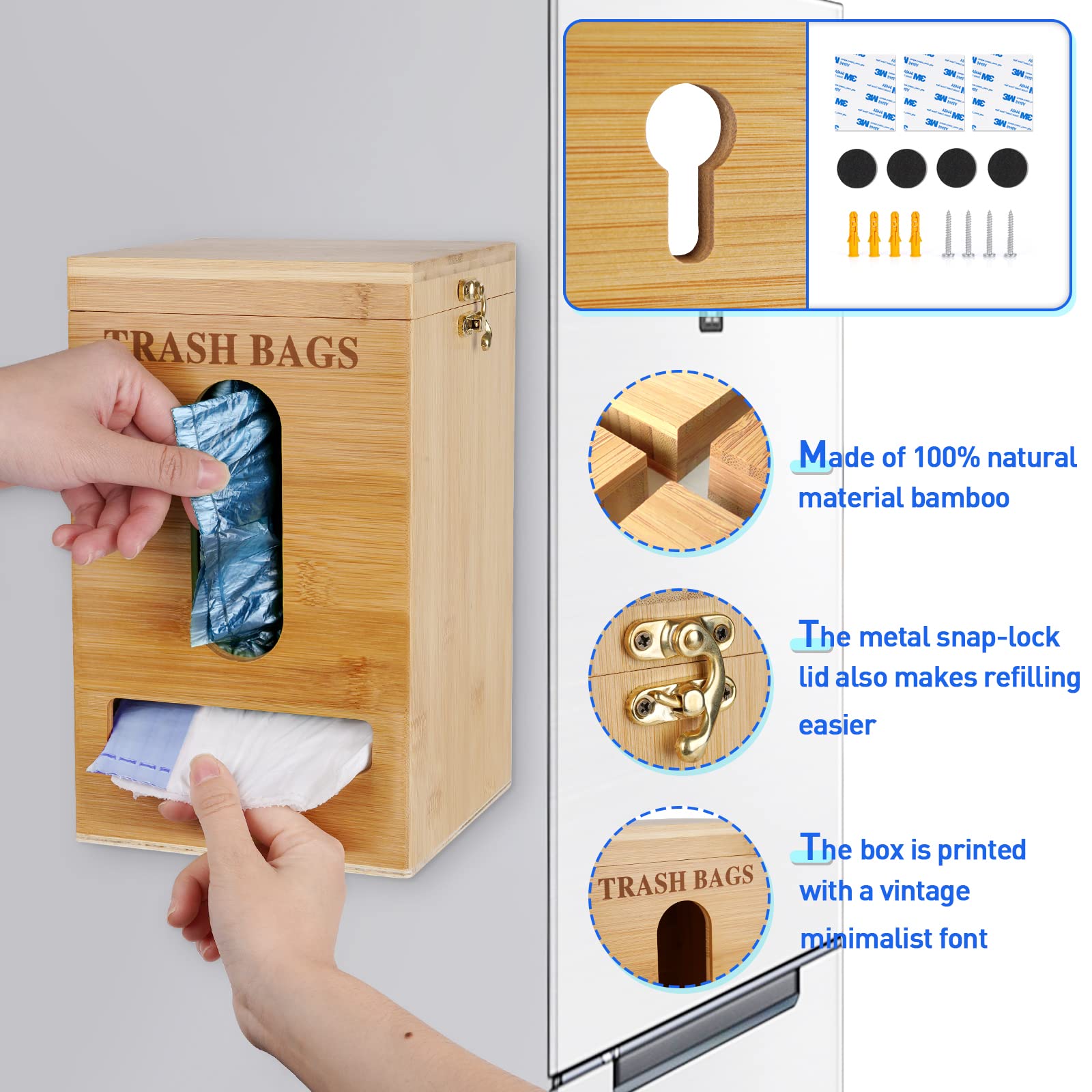 Jolensoy Trash Bag Holder Grocery Bag Holder Bamboo Garbage Bag Holder Wall Mounted Double Easy-Access Opening for Home Kitchen Cabinet Organization (Bamboo color)