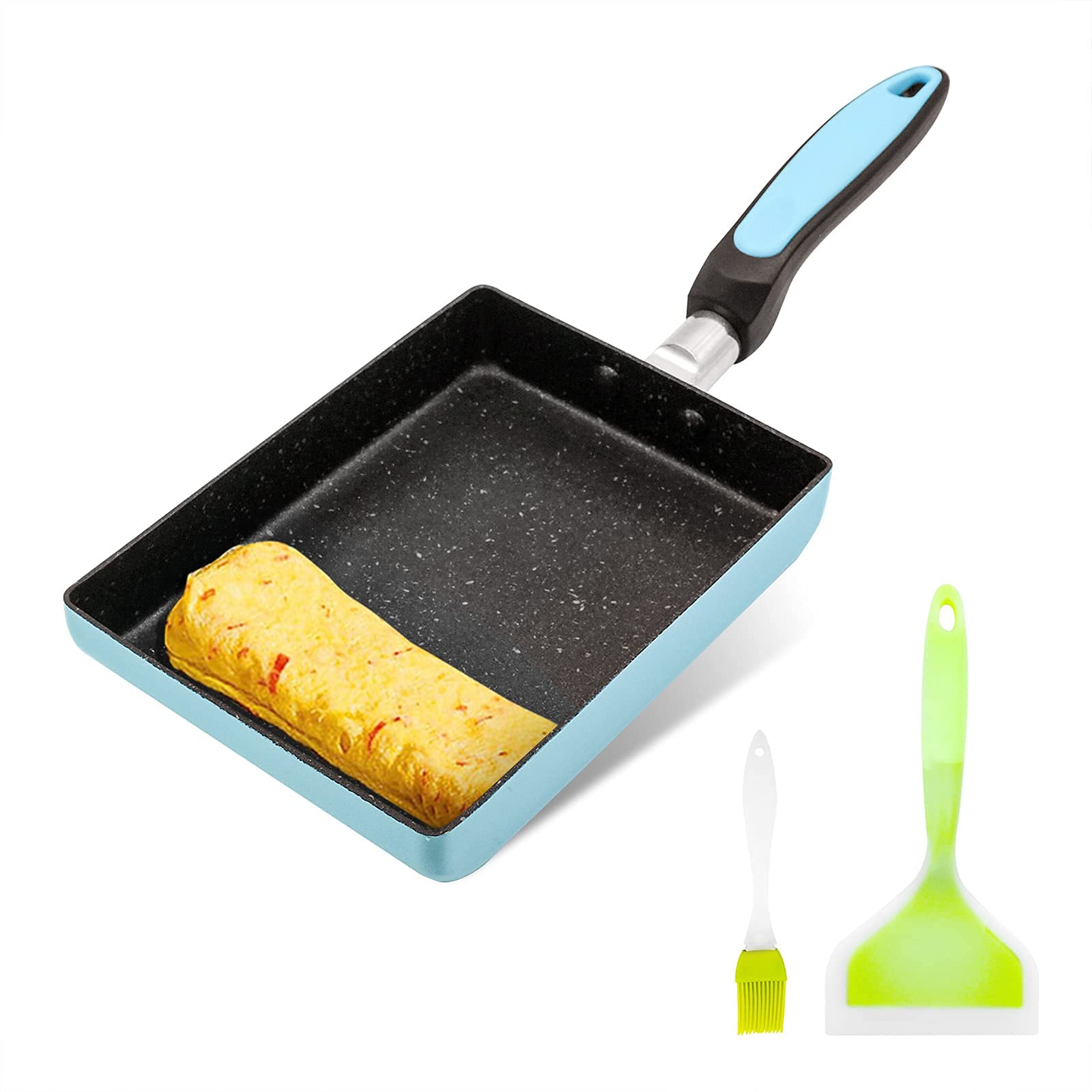 Japanese Tamagoyaki Omelette Egg Pan(blue), 7" x 6" inch Non-stick Coating Retangle Small Frying Pan, Gas Stove and Induction Hob Compatible, Dishwasher Safe, with Silicone Spatula & Brush(green)