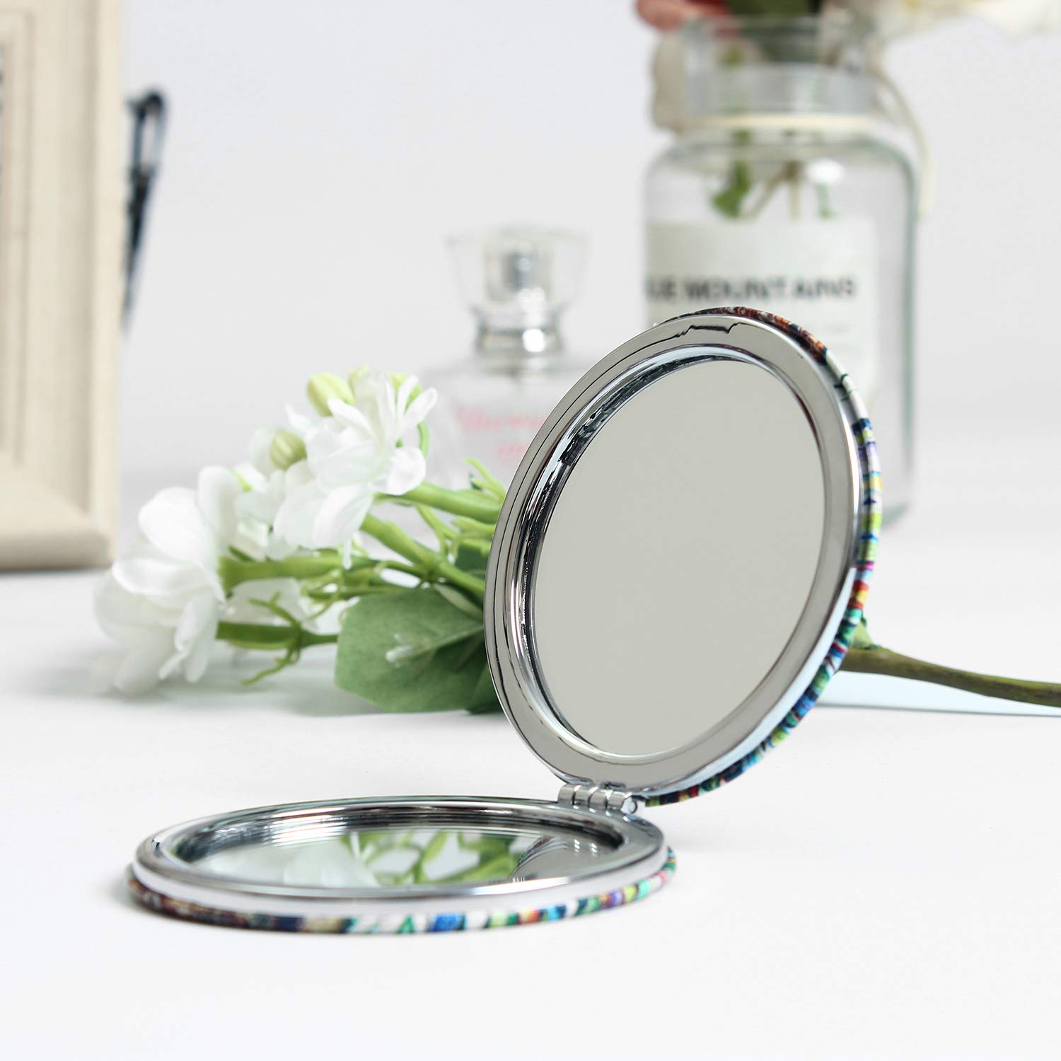 Dynippy Compact Mirror Round Pu Leather Makeup Mirror for Purses Small Pocket Mirror Portable Hand Mirror Double-Sided with 2 x 1x Magnification for Woman Mother Great Gift (Lucky Tree)