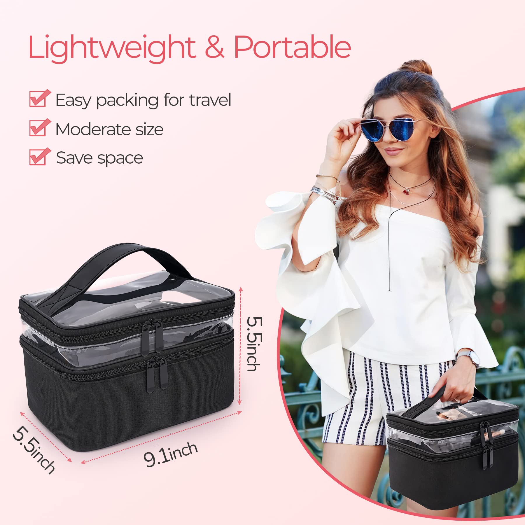 KIPBELIF Travel Makeup Bag Organizers- Multifunction Double Layer Make up Cosmetic Bags with Carry Handle
