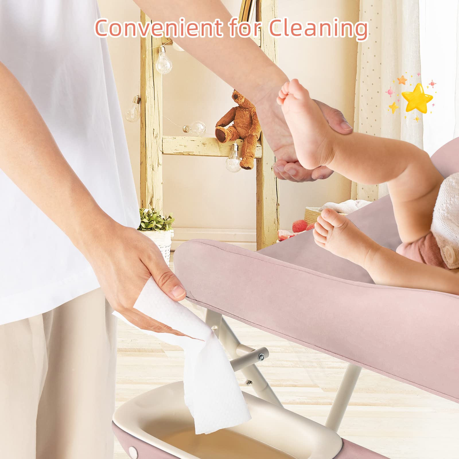 INFANS Portable Baby Changing Table, Folding Diaper Dresser Station with Wheels, Adjustable Height, Safety Belt, Drying and Storage Rack, Mobile Nursery Organizer Stand for Newborn Infant (Pink)