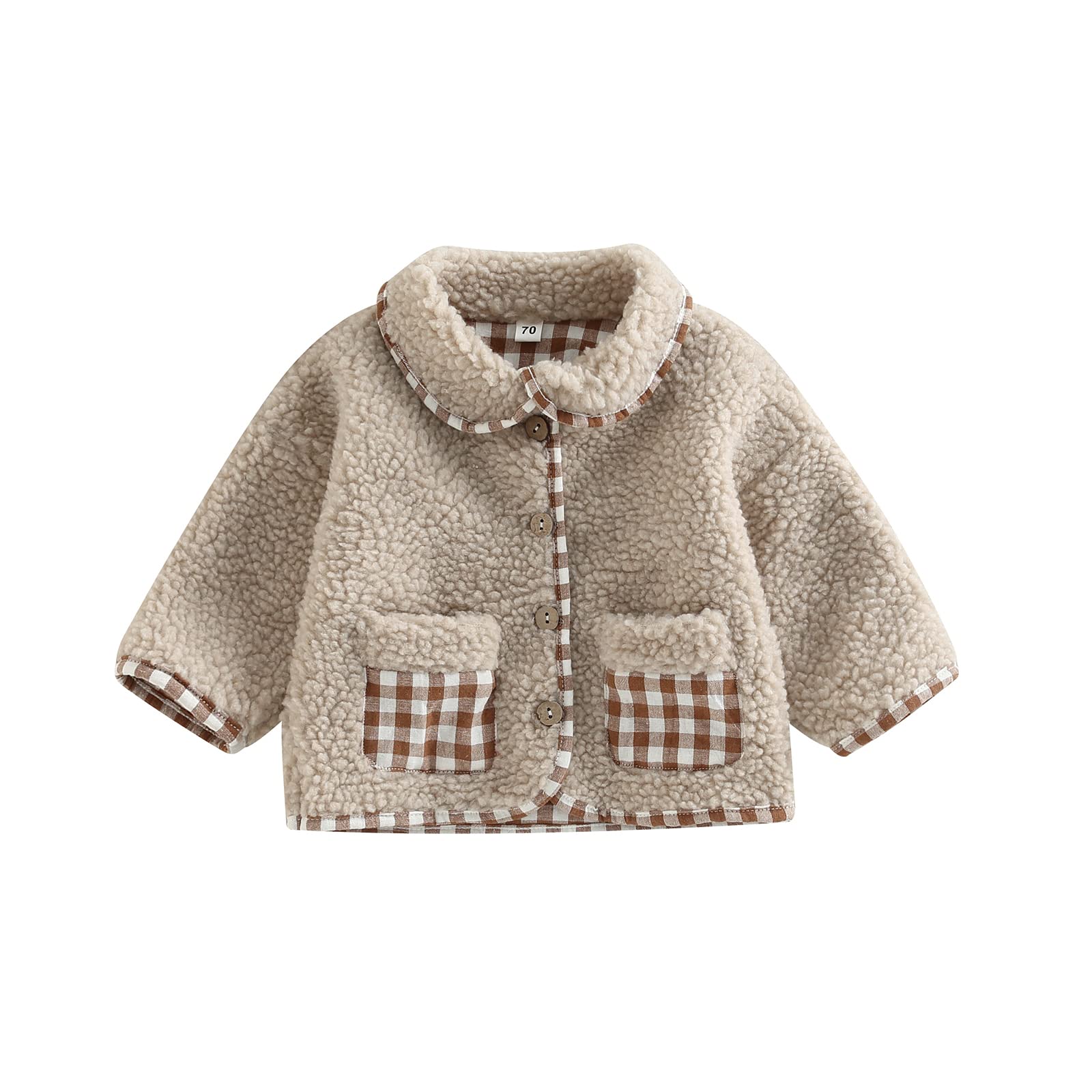 Infant Baby Boy Girl Fall Winter Clothes Fleece Jacket Long Sleeve Buttons Down Warm Plush Coat Outerwear Tops (Khaki Plaid, 12-18 Months)