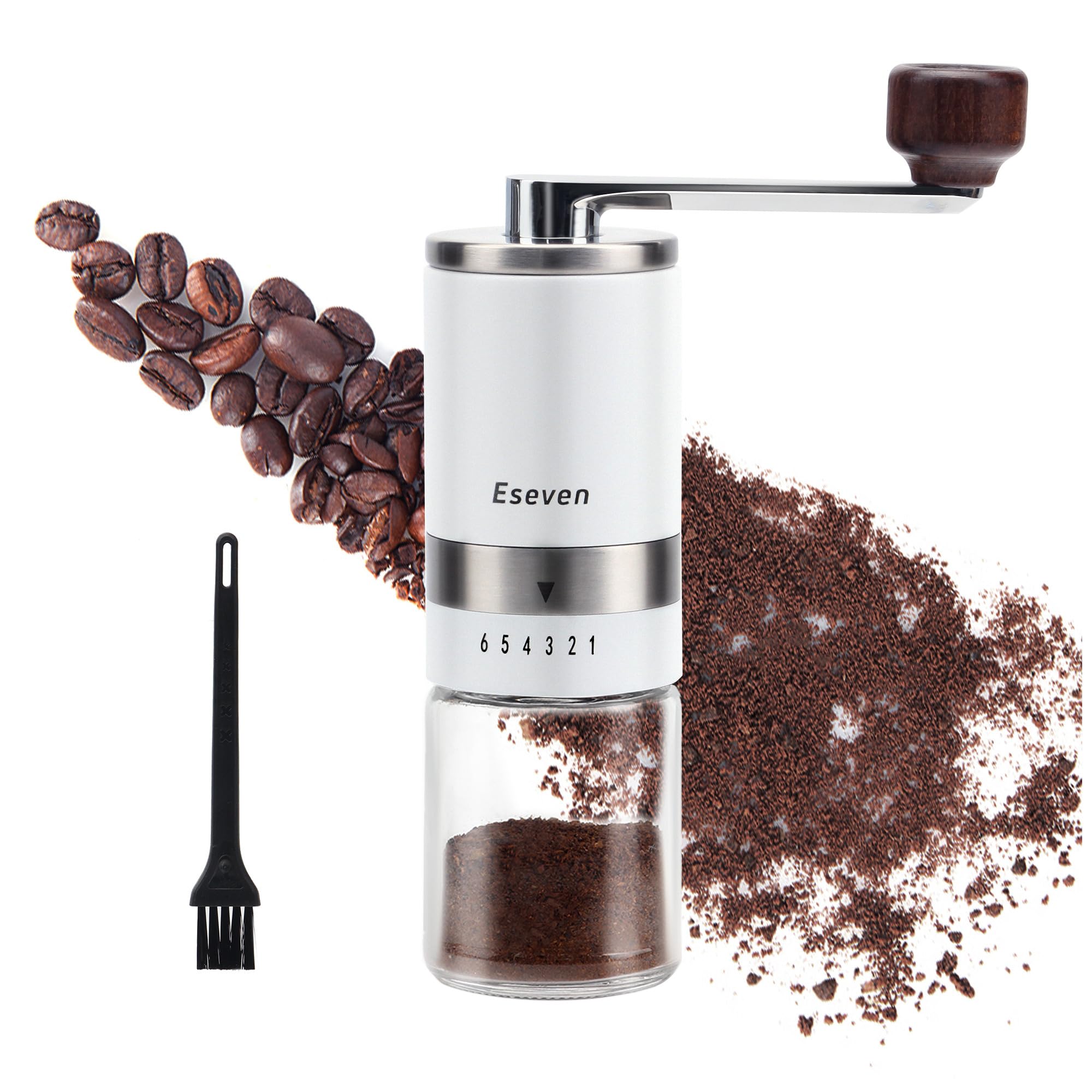 Eseven Manual Coffee Grinder Hand Coffee Grinder with 6 Adjustable Ceramic Burr Grinder Coarseness Settings, Manual Coffee Bean Grinder for Espresso, French Press, Camping & More! (Cream)