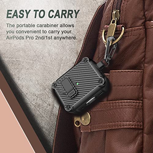 RFUNGUANGO AirPods Pro 2nd /1st Generation Case Cover, Automatic Pop-up Carbon Fiber Case with Secure Lock Clip, Full Body Shockproof Hard Shell Protective Case for AirPods Pro-Black