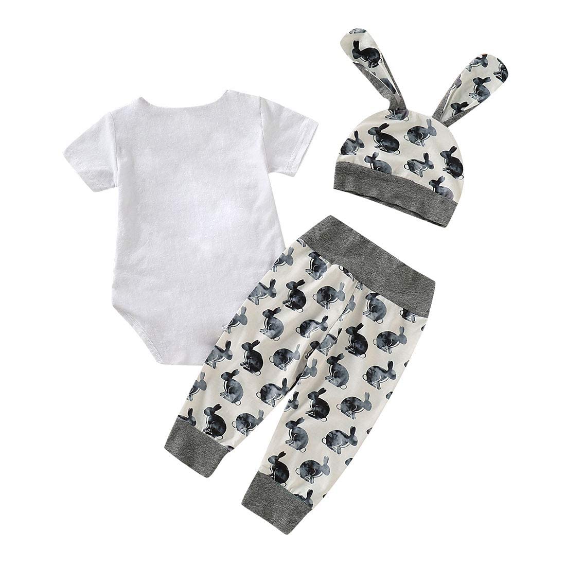Infant Baby Boys Girls Easter Outfits My 1st Easter Bunny Short Sleeve Romper Rabbit Pants Hat Clothes Set 3-6M
