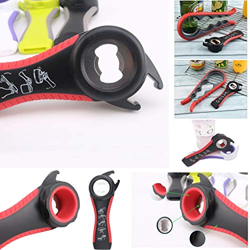 Jar Opener 4&5 in 1 Can Opener Set,Multifunctional Can Opener Kitchen Gadgets,Bottle Opener Kit with Silicone Handle Openers for Arthritic Hand&rubber Jar Opener for Week Hands (Red)