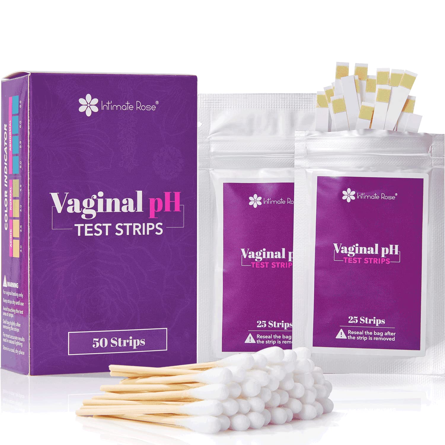 Vaginal pH Test Strips - Feminine pH Test for Women by Intimate Rose - Monitor Intimate Health - Accurate Acidity, Alkalinity Balance - 50 Strips and 50 Swabs