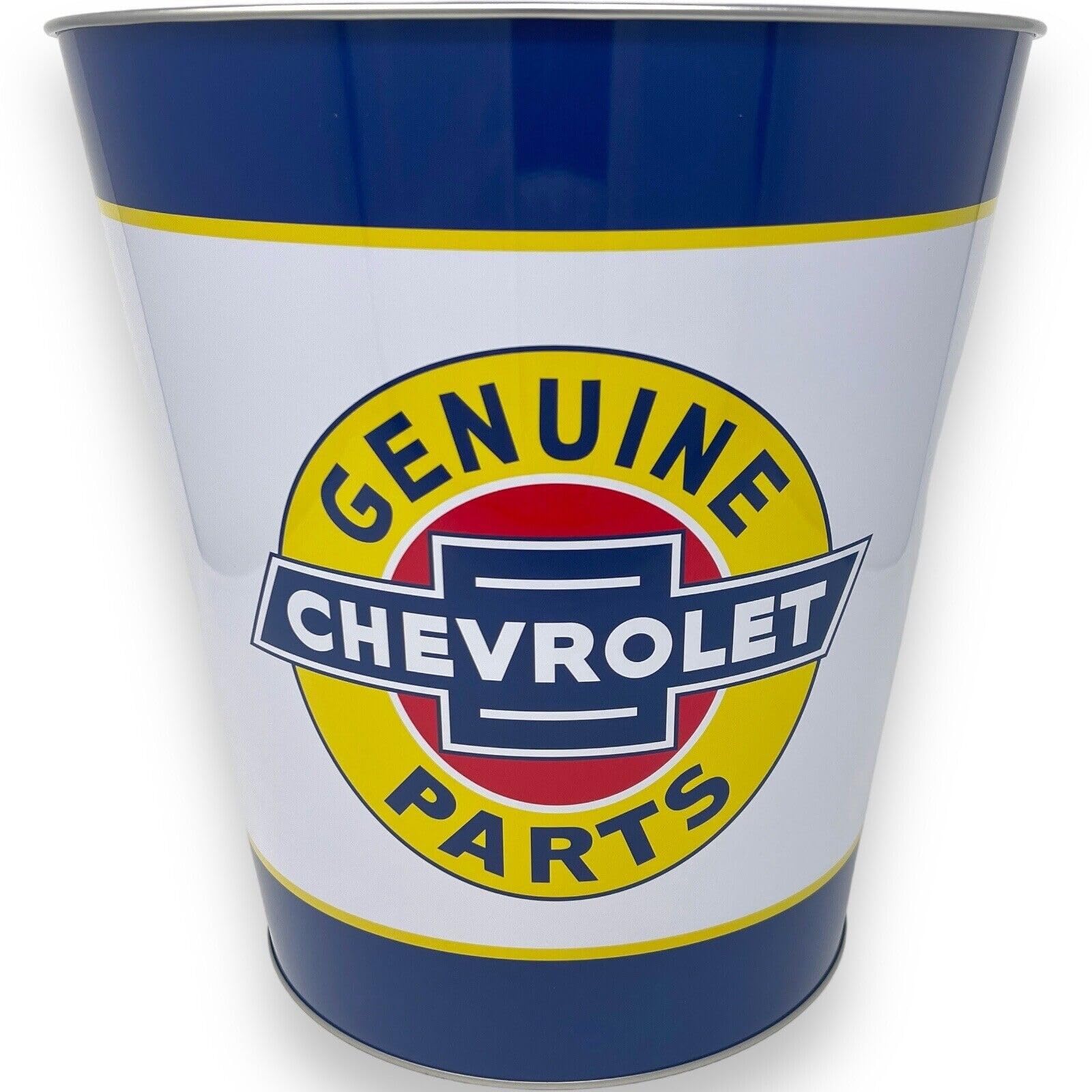 SOTT Chevrolet Genuine Parts Tapered Metal Trash Bin Wastebasket Vintage Inspired Retro Home Decor (10.5" Dia x 11" Tall)