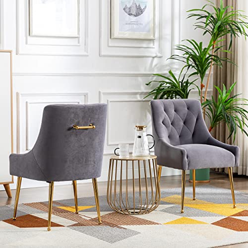 KINWELL Upholstered Dining Chairs Set of 2, Modern Accent Side Chair with Tufted Back and Pull Handle, Velvet Armchair Desk Chair with Gold Metal Legs for Living Room, Home Office,Vanity (Gray)