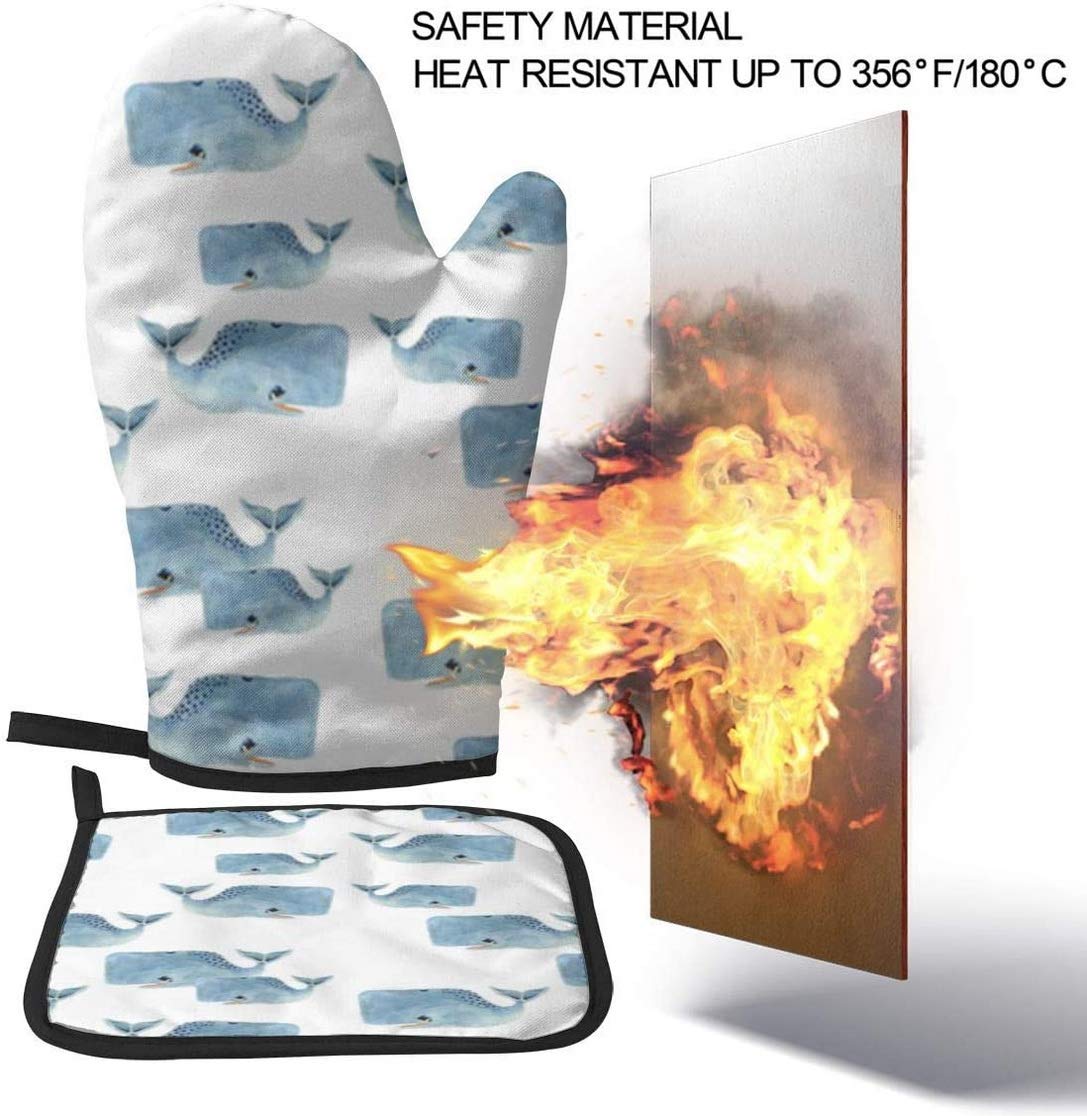 HENGE Whale Pod in Blue Oven Mitts and Pot Holders Sets of 2,Resistant Hot Pads,Flexible Cooking Oven Gloves for Microwave BBQ Cooking Baking Grilling