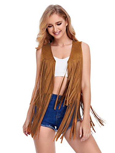 Verdusa Women's Tassel Sleeveless Vest 70s Hippie Faux Suede Fringe Jacket Cardigan Brown L