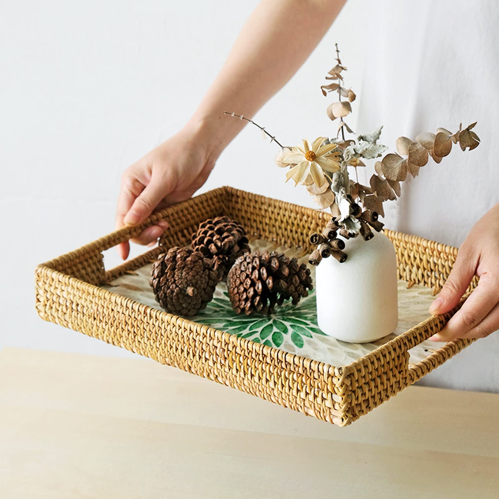 I-lan 15" Rectangular Rattan Woven Tray Basket with Mother of Pearl Inlay Wooden Base and Handles, Handmade Wicker Coffee Table Décor Serving Tray with 1.6" Wall, Handmade Decorative Display Basket