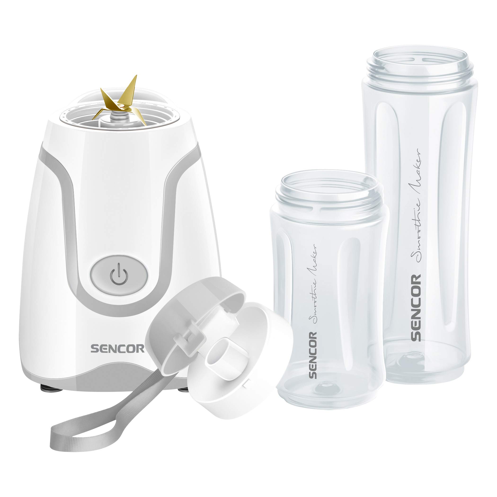 Sencor Smoothie Blender, Blender for Fitness Shakes and Smoothies, Portable Personal Blender for Frozen Protein Juice Drinks. Smoothie Maker with Extra Blender Cup and Lid. 300w WHITE