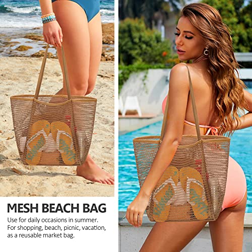 hatisan Beach Bag Mesh Tote Bag,Upgrade Beach Tote with Phone Pouch Women Mesh Bag Shoulder Bag for Beach Travel Vacation (Kakhi)