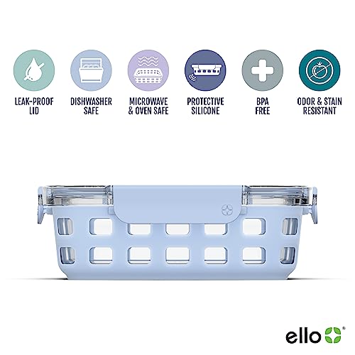 Ello Duraglass Meal Prep Container, 3.4 cup- Glass Food Storage Container with Silicone Sleeve and Airtight BPA-Free Plastic Lid, Dishwasher, Microwave, and Freezer Safe, Halogen Blue