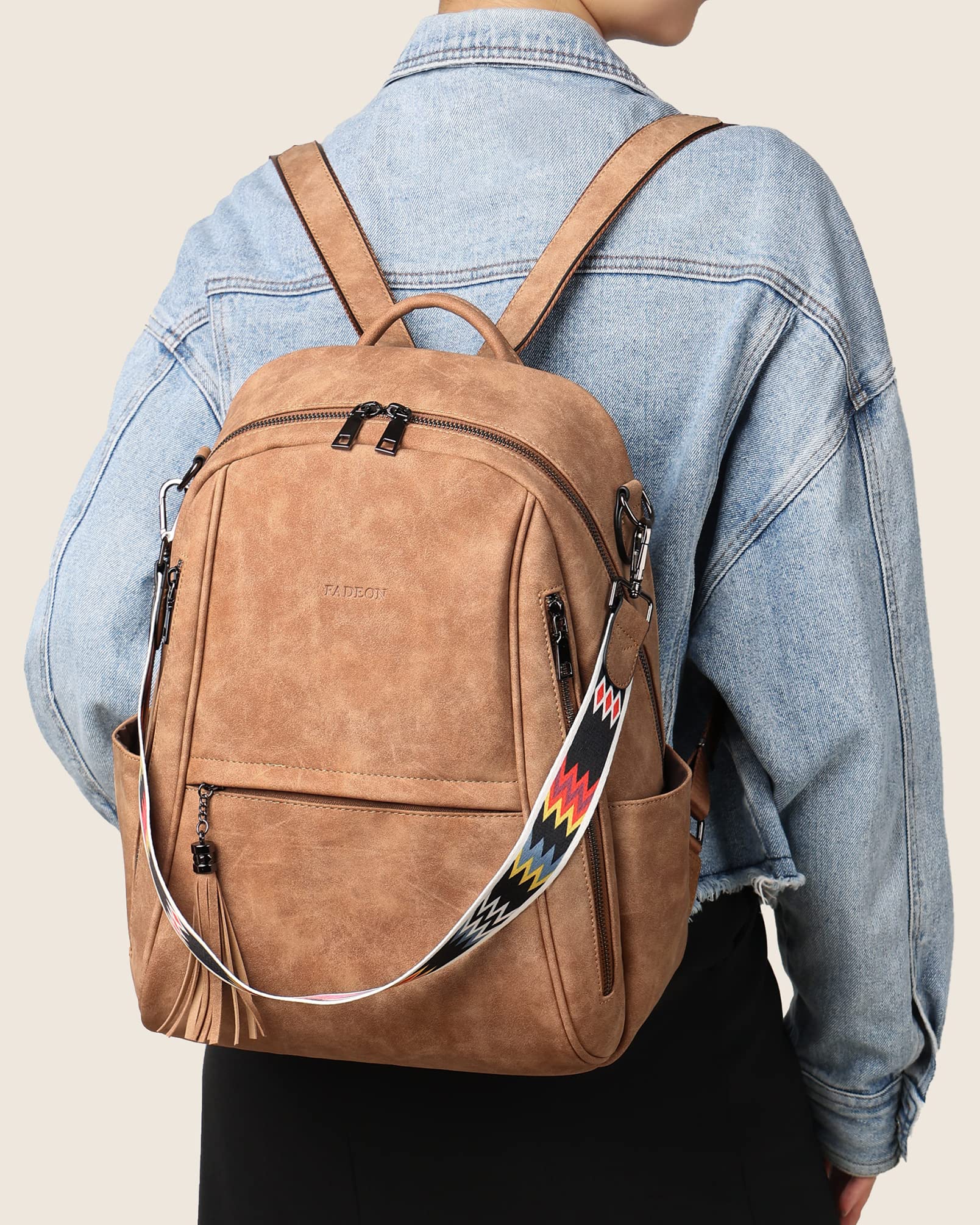 FADEON Leather Laptop Backpack Purse for Women Small Designer Laptop Bag,Multi-Pockets Travel Ladies Shoulder Bag Brown