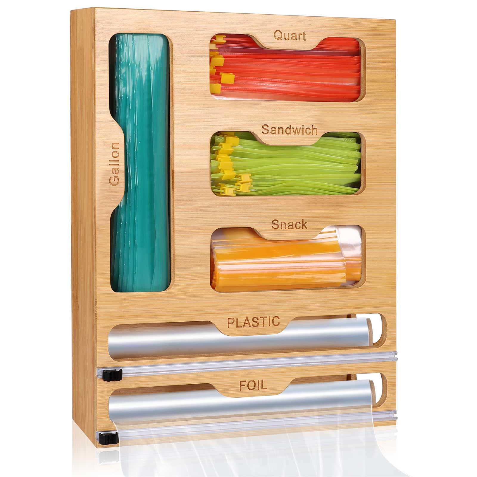HEROPIE 6 IN1 Bamboo Foil and Plastic Wrap Dispenser with Cutter for Kitchen Drawer, Storage Bag Organizer, Compatible with Gallon, Quart, Sandwich and Snack Variety Size Bags (Bamboo)