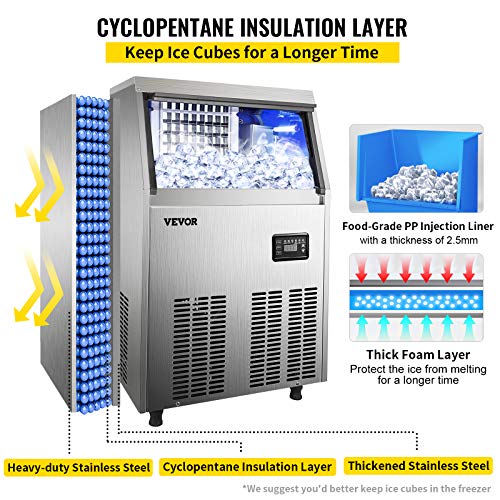 VEVOR Commercial Ice Maker Machine, 110-120LBS/24H with 33LBS Bin Stainless Steel Automatic Operation Commercial Ice Machine for Home Bar, Include Water Filter, Scoop, Connection Hose