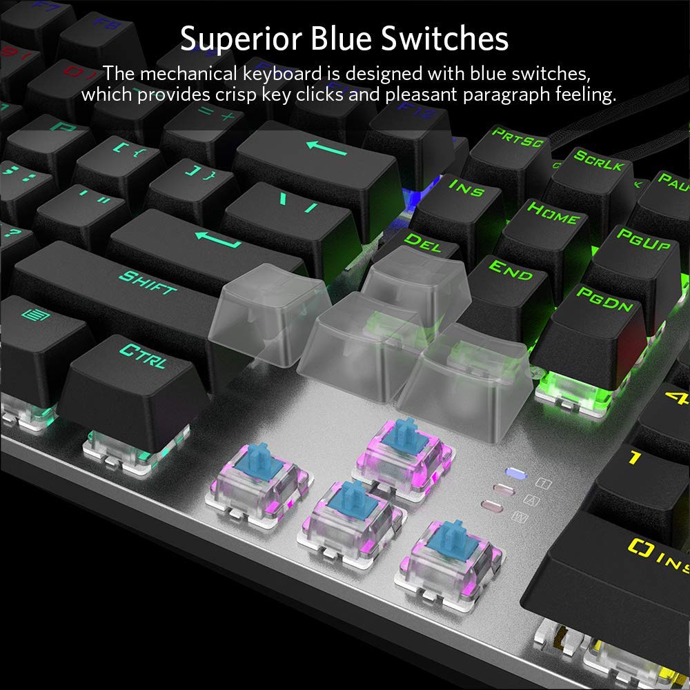 FIODIO Mechanical Gaming Keyboard, Fantastic LED Rainbow Backlit Wired Keyboard, Full Anti-Ghosting Keys, with Quick-Response Blue Switches and Multimedia Control for PC and Desktop Computer (Renewed)