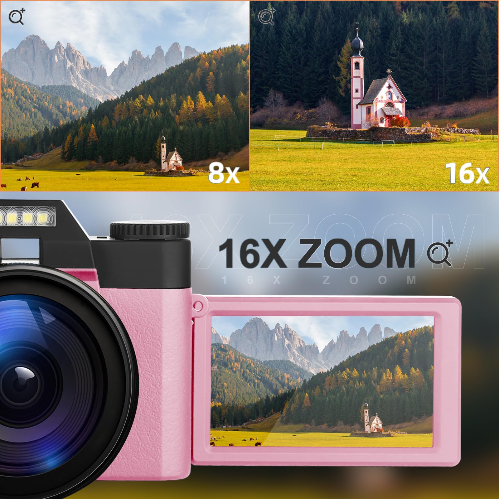 G-Anica Digital Cameras for Photography, 4K 48MP Video Camera, 16X Digital Zoom Vlogging Camera for YouTube, Travel Camera with 32GB SD Card and Wide Angle Lens Macro Lens(Pink)