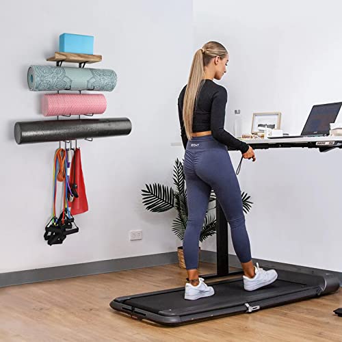 VINAEMO Yoga Mat Holder Accessories Wall Mount Organizer Storage Decor Foam Roller and Towel Storage Rack with 4 Hooks and Wooden Shelves Yoga Mats Rack Block Resistance Bands for Home Gym School