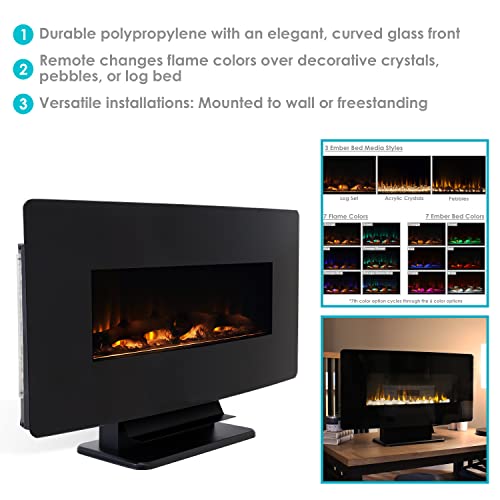 Sunnydaze 35.75-Inch Curved Face Indoor LED Electric Fireplace - Floating/Tabletop- 7 Flame Colors - Black Finish