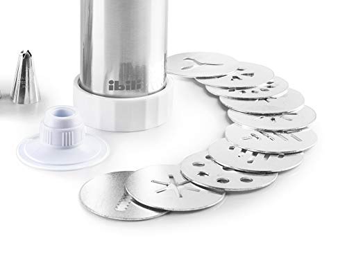 Ibili Cookie Press Gun, 18/10 INOX Stainless Steel Cookie Press for Baking, Dishwasher Safe, Includes 10 Variated Discs and 8 Interchangeable Nozzles - Made in Spain